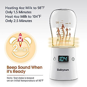 Portable Bottle Warmer BabySun Baby Bottle Warmer Quick Heating in 2 Minutes Rechargeable Travel Bottle Warmer for Breastmilk and Formula, Compatible with Most Bottles