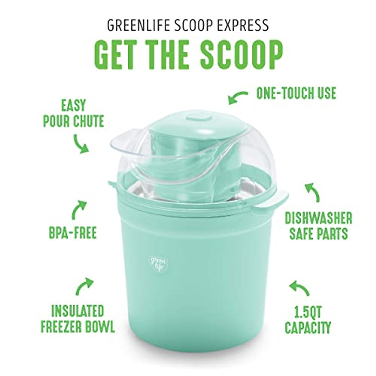 GreenLife 1.5QT Electric Ice Cream, Frozen Yogurt and Sorbet Maker with Mixing Paddle, Dishwasher Safe Parts, Easy one Switch, BPA-Free, Turquoise