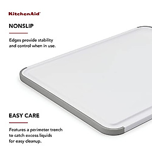KitchenAid Classic Plastic Cutting Board with Perimeter Trench and Non Slip Edges, Dishwasher Safe, 11 inch x 14 inch, White and Gray