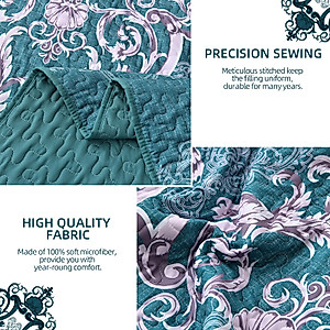 Dobuyly Teal Quilt Set Queen Size, 3 Pieces Boho Damask Green Bedspread Coverlet Set with 2 Pillowcases, Soft Lightweight Microfiber Luxury Quilt Bedding Set for All Season 96"x90"
