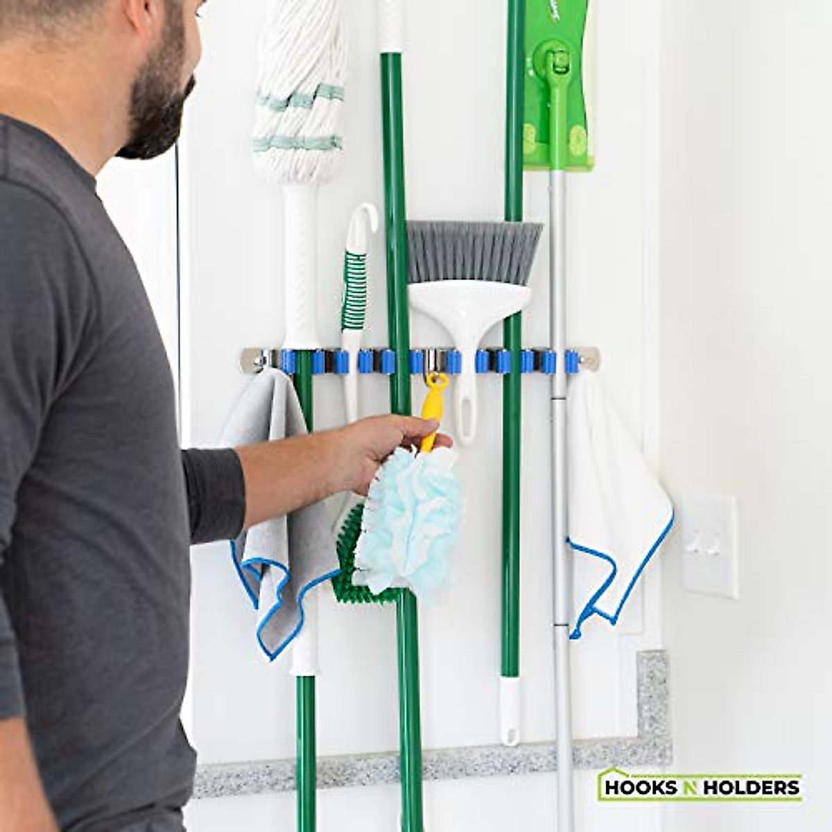 Broom Holder 6 Slots & 3 Hooks Wall Mount Garden Tool Organizer - Home Laundry Room, Kitchen, Closet, Shed, Garage Organization and Storage Utility Rack for Rake, Shovel, Mop Hanger Hooks N Holders