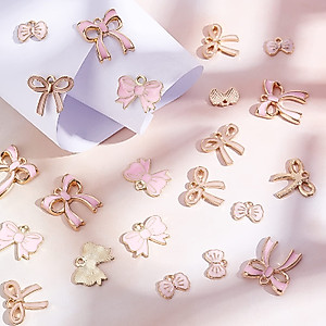 SUNNYCLUE 1 Box 40Pcs 4 Style Romantic Enamel Flat Bowknot Charms Pink Bow Tie Kawaii Dangle Pendants Bulk For Women Jewellry Making Earrings Necklace Bracelets Valentine&#039;s Day DIY CraftsSupplies