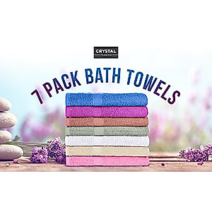 CrystalTowels Bath Towel Set Pack of 7 (27 x 52 Inches) 100% Cotton, Ultra Soft Highly Absorbent Bath Towel, Lightweight and Quick Drying Towels, Multi Colors Brights.