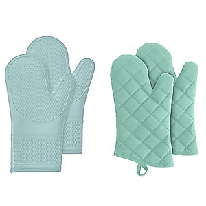 Gorilla Grip Silicone Oven Mitts and Cotton Oven Mitts Set, Both in Mint Color, Soft Quilted Lining, Heat Resistant, 2 Item Bundle