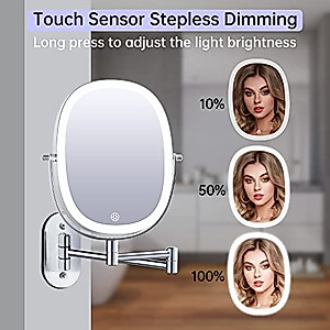 FUNTOUCH Rechargeable Lighted Wall Mounted Makeup Mirror, Double Sided 1X/7X Magnifying Mirror, 3 Lights Option Dimmable, Extension Foldable Arm, Oval Wall Mounted Mirror for Bathroom