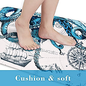 4 Pcs Octopus Shower Curtain Set, Nautical Bathroom Sets with Shower Curtain and Rugs, Blue Beach Ocean Kraken Pirate Shower Curtain Set with Non-Slip Rug, Toilet Lid Cover, Bath Mat and Hooks