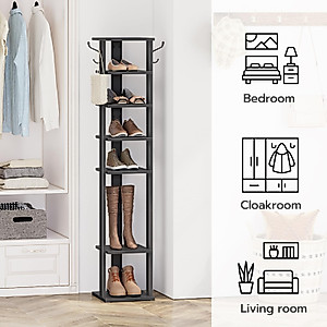 HOOBRO 8 Tiers Vertical Shoe Rack, Wooden Shoe Storage Organizer with Hooks, Narrow Shoe Tower for 8 Pairs, Space Saving, for Entryway, Living Room, Bedroom, Black BK07XJ01