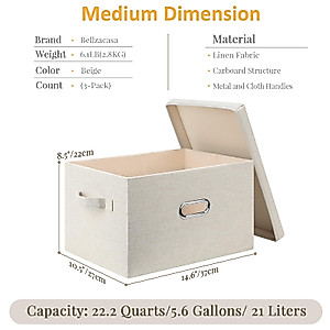 Bellzacasa Collapsible Storage Bins with Lids, 3 Pack Linen Fabric Foldable Storage Bin Cube with Handles, Storage Baskets Box Closet Organizers and Storage Containers, Beige, 14.6x10.5x8.5