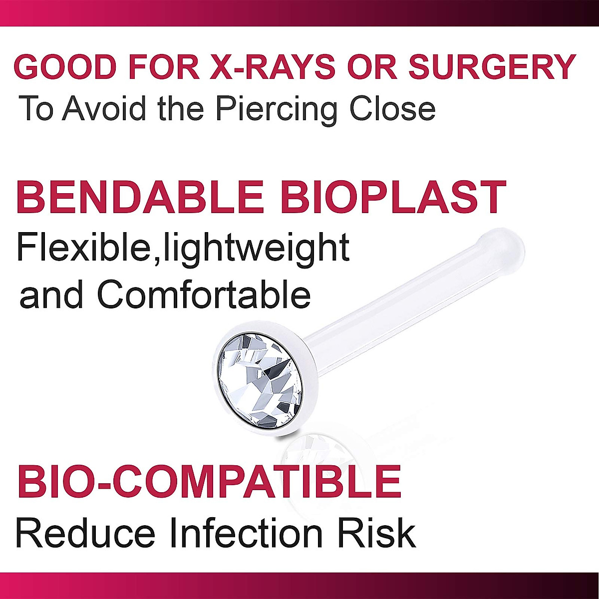 bodyjewellery 3Pcs 20g 0.8mm Nose Stud Bone Straight Bar Nostril Ring Clear Bioflex Flexible 2.5mm Clear Crystal Pick Color