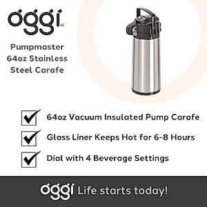 OGGI Pumpmaster 64oz Stainless Steel Carafe w/Lever Action Pump -Vacuum Container, Thermal Coffee Carafe, Insulated Coffee Carafe, Thermos Carafe, Hot Beverage Dispenser, 1.9 Liters