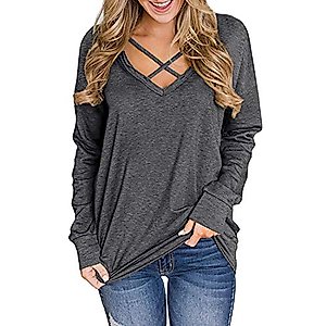 Genhoo Women's V Neck Criss Cross Long Sleeve T Shirt Casual Tunics Tops Pullover (Dark Grey,S)
