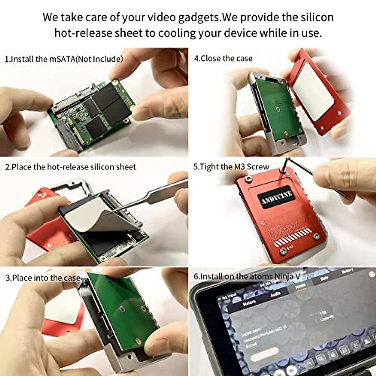 ANDYCINE Magnalium Case for mSATA SSD Compatible for Atomos Ninja V,V+, Ninja Flame, Ninja Inferno, and Shogun Inferno  with mSATA to SATA Adapter