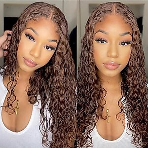 Chocolate Brown Deep Wave Lace Front Wigs Human Hair 13x6 Hd Lace Curly Lace Frontal Wigs for Black Women Human Hair Pre Plucked Wet and Wavy Glueless 4# Brown Colored Wig 16 Inch