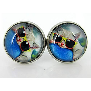 Stainless Steel Cool Cat in Sunglasses Print Glass Stud Earrings 12mm