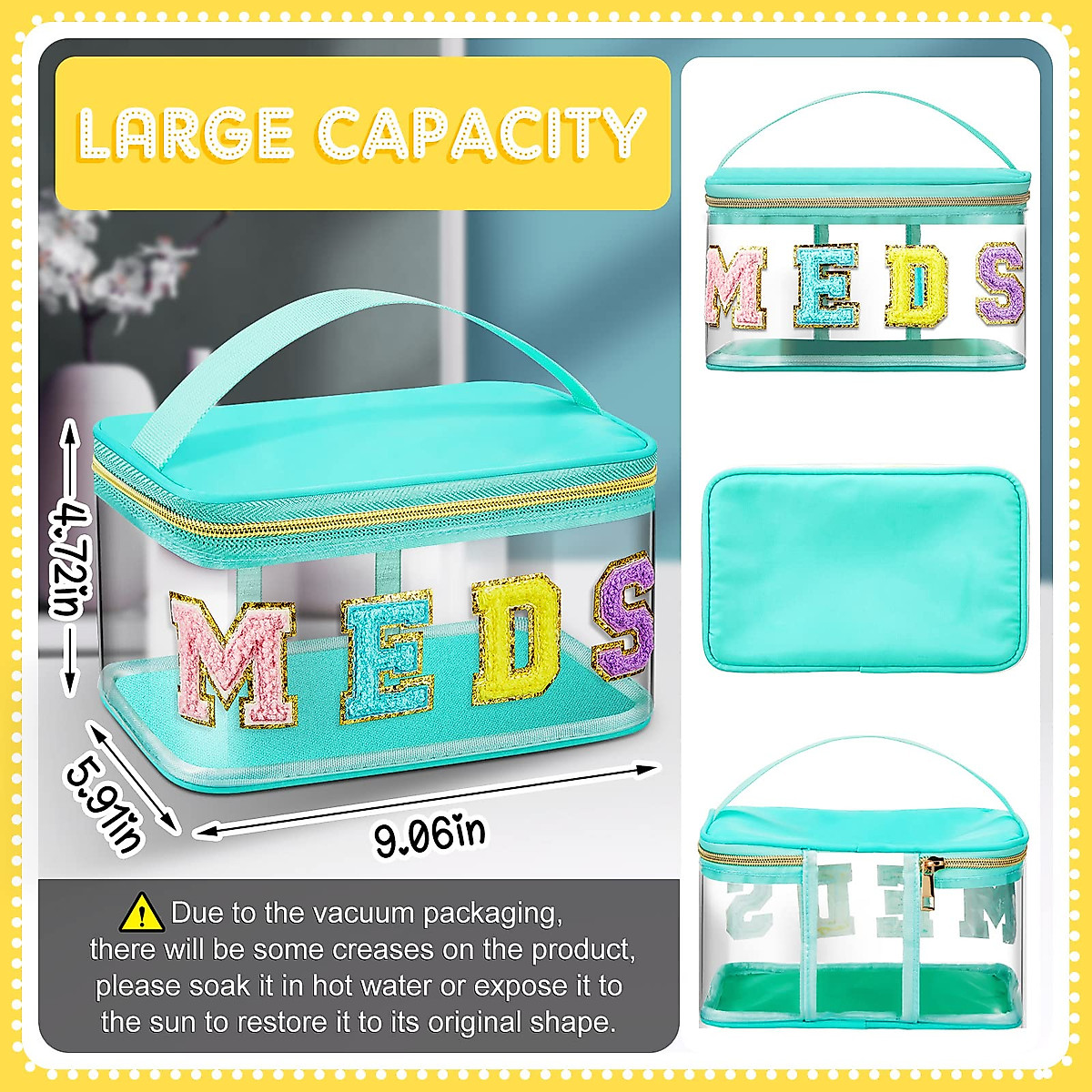 Geetery Chenille Letter Bag Nylon Makeup Bag Portable Bag Makeup Cases Preppy Patch Makeup Bag with Zipper Cosmetic Toiletry Storage Bag for Women(Green,Elegant Meds)