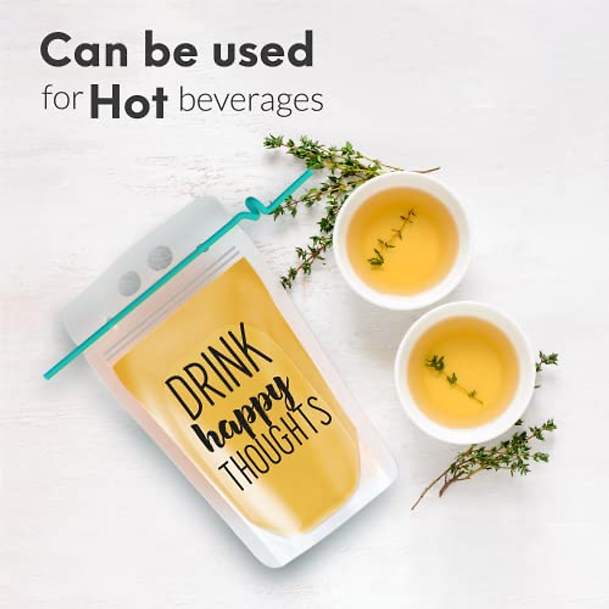 UTILE 50PCS Drink Pouches for Adults with Individually Wrapped Colorful Straws, Reclosable Zipper Smoothie Drink Bags with Multiple Texts – Heavy Duty Hand Held Translucent with Funnel Included