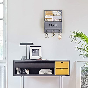 DLQuarts Mail Organizer with Key Holder for Wall Decorative Mail Sorter Wall Mounted, Wooden Mail Holder with 3 Hooks, Gray