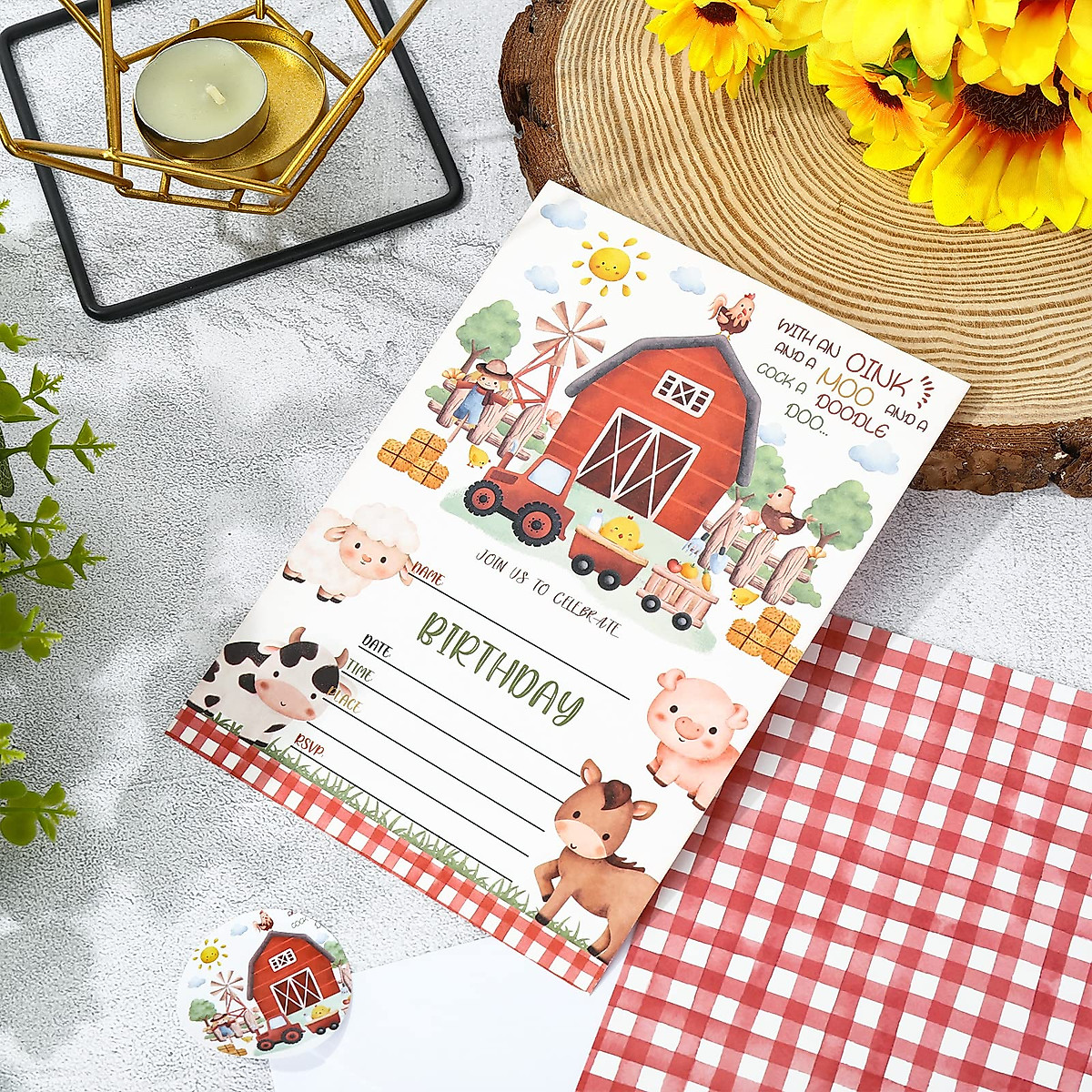AnyDesign Farm Barnyard Birthday Party Invitations with Stickers Envelopes Red Buffalo Plaids Animal Pig Cow Party Invitation Paper Cards for Birthday Invites Party Supplies, 20 Sets, 5 x 7 Inch