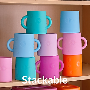 PopYum Silicone Training Cup 2-Pack for Baby and Toddler, handles, BPA Free, self feeding training, tumbler (sky blue and PopYum orange)