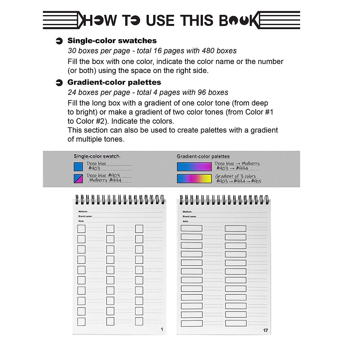 Color charts. A mini book organizer of coloring resources for colorists and artists on thick artist paper with a spiral binding on the top - A5 format