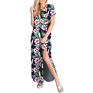 ANRABESS Women's Summer Casual Loose Short Sleeve Long T Shirt Dress Split Maxi Beach Sundress Travel Vacation Outfits Floral Print Medium