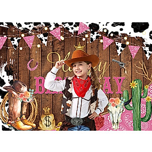 Western Cowgirl Happy Birthday Backdrop Cow Print Pink Wild Party Decorations Banner Rustic West Rodeo Boot Cowgirl Birthday Photography Background Party Supplies Banner 7X5FT(82x59inch)