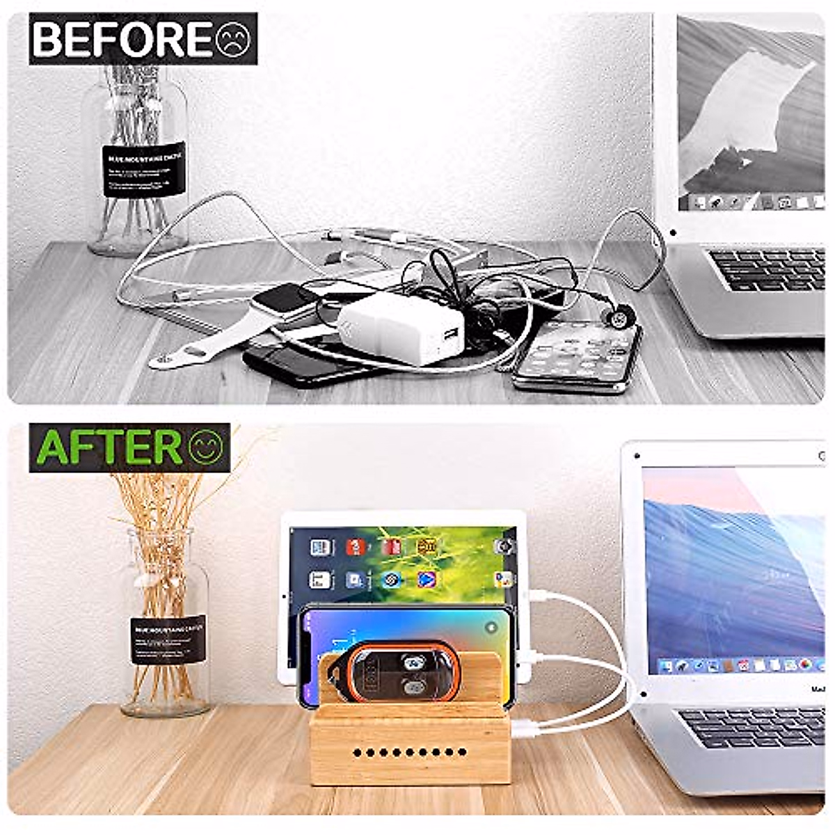 OthoKing Bamboo Charging Station, Wood Charging Station for Multiple Devices with 5 Ports USB Charger Docking Station for iPhone, iPad,Tablet, and Android Cell Phone