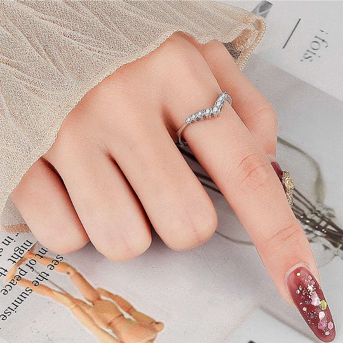 925 Sterling Silver Natural Diamond Stylish V-Shaped Microset Zircon Ring Cubic Zirconia Promise Rings CZ Shiny Anillos Para Mujer Diamond Ring Eternity Engagement Wedding Band Ring for Women (6)