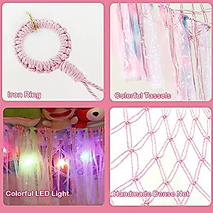 Stuffed Animal Net or Hammock with LED Light, Toy Hammock Hanging Stuffed Animal Storage Organizer Holder Boho Decor for Nursery Playroom Bedroom Kids Room Storage (Pink)