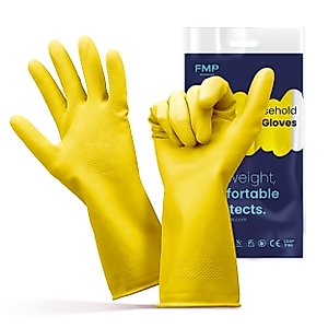 FMP Brands Cleaning Gloves, 12 Pairs Rubber Gloves for Washing Dishes, Non-Slip Dishwashing Gloves, Waterproof Reusable Latex Dish Gloves for Kitchen, Bathroom, Household, Gardening (Large, Yellow)