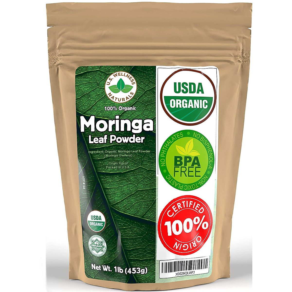 U.S. Wellness Naturals Moringa Powder 1LB (16Oz) 100% Certified Organic| 100% Pure Moringa Leaf NO Stems| - Raw from India | Smoothies | Drinks | Tea | Recipes - Resealable Bag