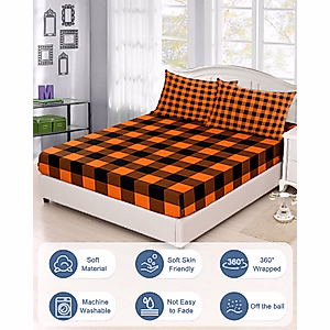 Farmhouse Orange Black Buffalo Plaid Fitted Bed Sheets Full Size Fit 5-16inch Deep Pockets,Luxury Bottom Sheet Bedding Set with Pillow Case,Gingham Lattice Fitted Sheet for Mattress