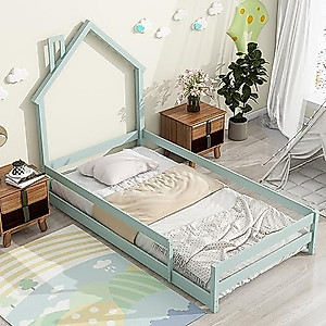 SIYSNKSI Twin Size Platform Bed, Wooden Platform Bed Frame with House-Shaped Headboard, Floor Bed with Fences for Kids Boys Girls Bedroom, Easy Assembly (Light Green + Pine 04)