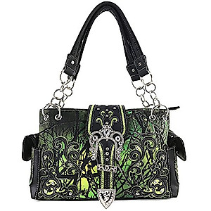 Justin West Abstract Butterfly Buckle Black Conceal Carry Handbag (Green Purse and wallet)