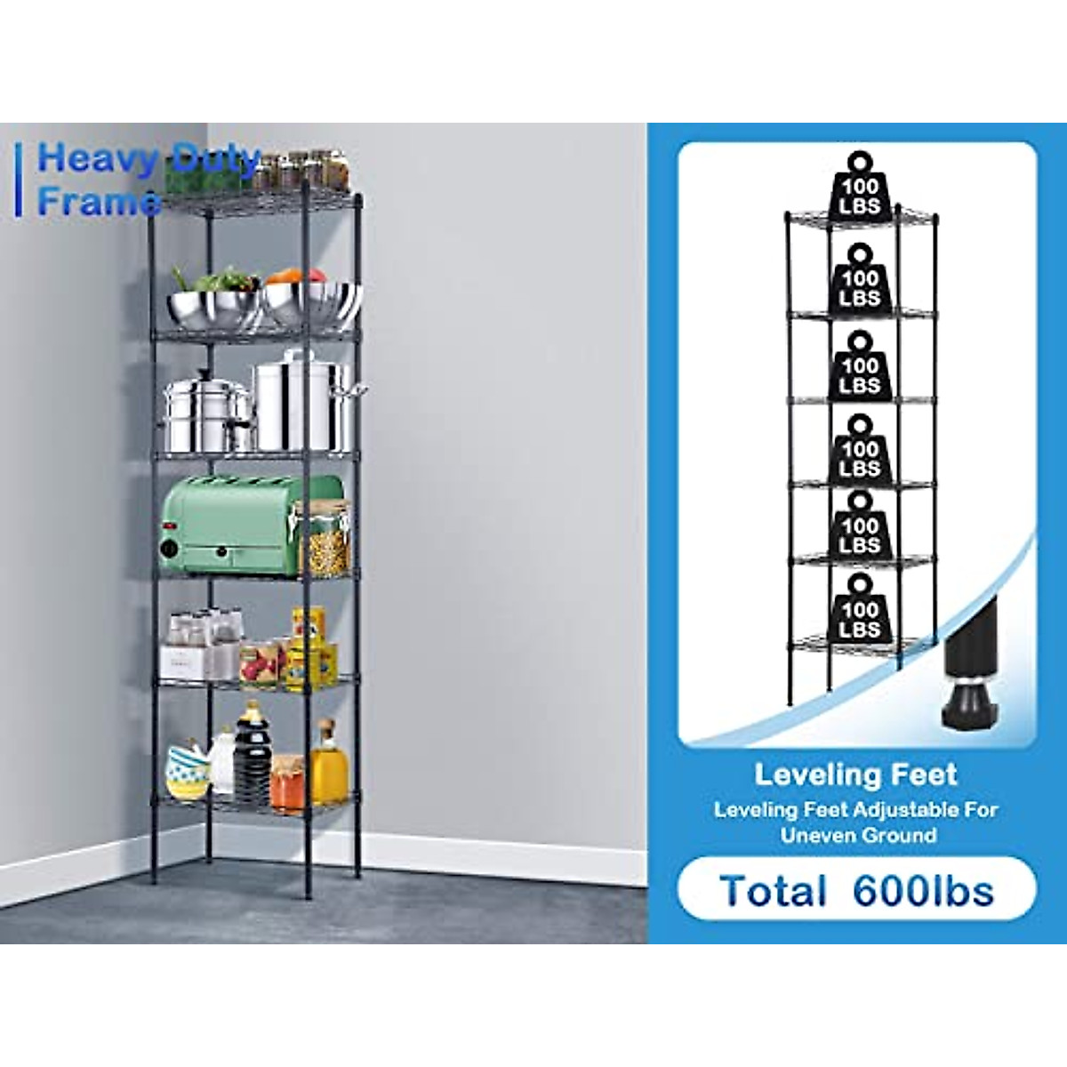 BIQWBIC 6 Tier Storage Shelf Wire Shelving Unit, Adjustable Shelves Standing Metal Storage Rack for Kitchen Pantry Closet, Steel Storage Shelves Display Organizer Rack, 17" Lx12 Wx63 H, Black