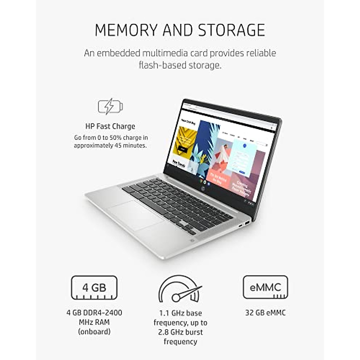 HP Chromebook 14 Laptop, Intel Celeron N4020, 4 GB RAM, 32 GB eMMC, 14” HD Micro-Edge Display, Chrome OS, Thin & Portable, 4K Graphics, Backlit Ash Gray Keyboard (14a-na0024nr, 2021, Mineral Silver)