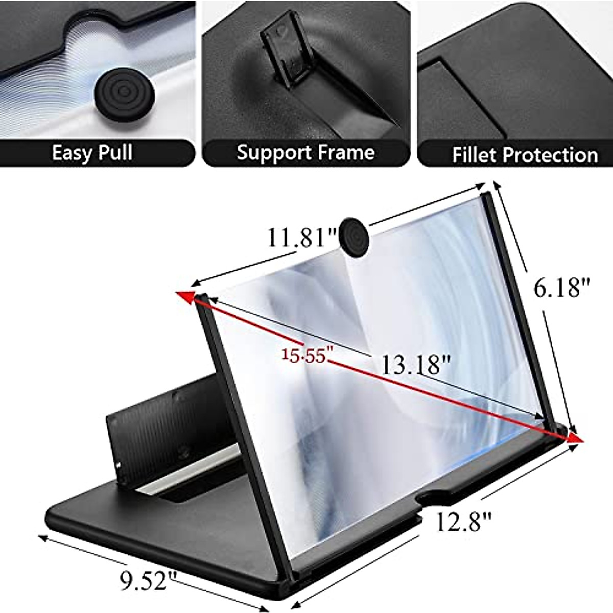 16" Screen Magnifier for Cell Phone, KanYool 3D HD Mobile Phone Magnifier Projector Screen for Movies, Videos, and Gaming, Foldable Phone Stand with Screen Amplifier Fit for All Smartphones (Black)