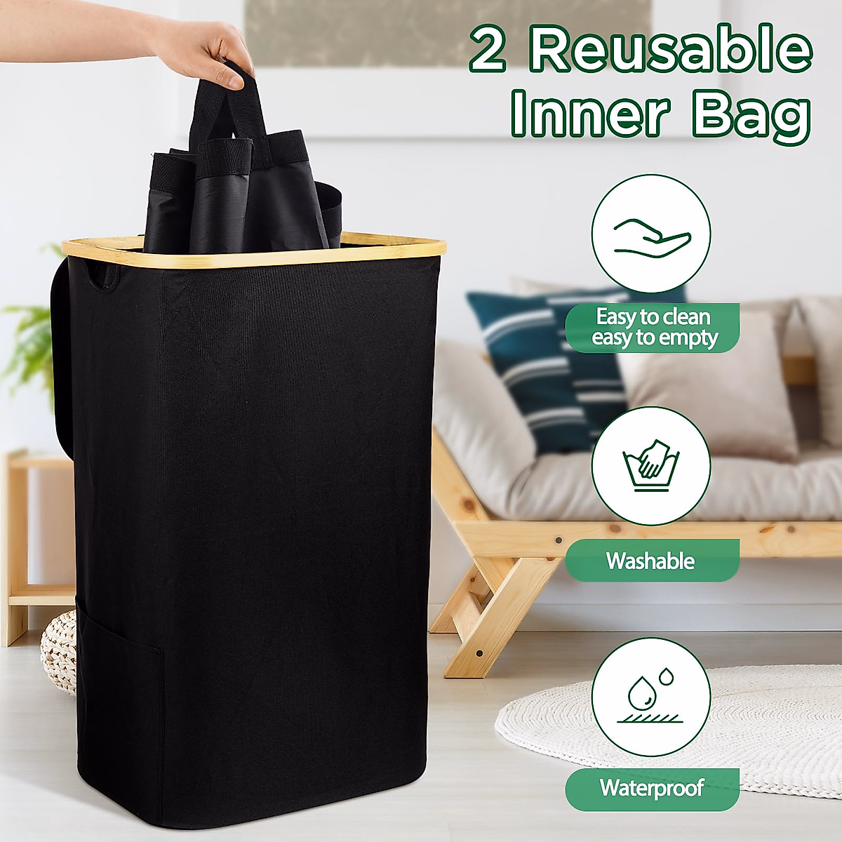 BEAUTIFABLE Recycling Bin for Kitchen, 26 Gallon Indoor Large Recycle Bin with Lid and 2 Removeable Reusable Inner Bag Collecting Bottle Can Waste Plastice （Black