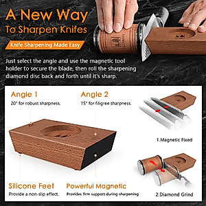 JUCPASH Rolling Knife Sharpener Kit for Straight Edge - Knife Sharpening with Leather Strop, Diamonds Discs and 15 & 20 Degree Magnetic Angles, Roller Knife Sharpener System for Kitchen Knives