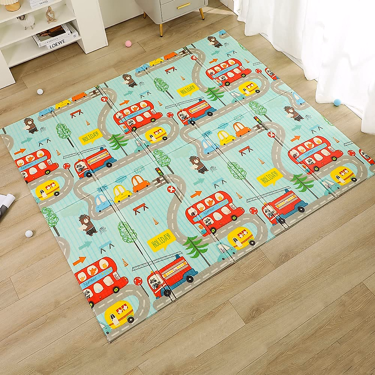 79 x 71” Baby Play Mat Reversible Foldable Floor Playmat Extra Large Thick Foam Playmat Non-Toxic Waterproof Crawling Mat for Infants Toddlers and Kids Indoor Outdoor Use (Car-Animal)