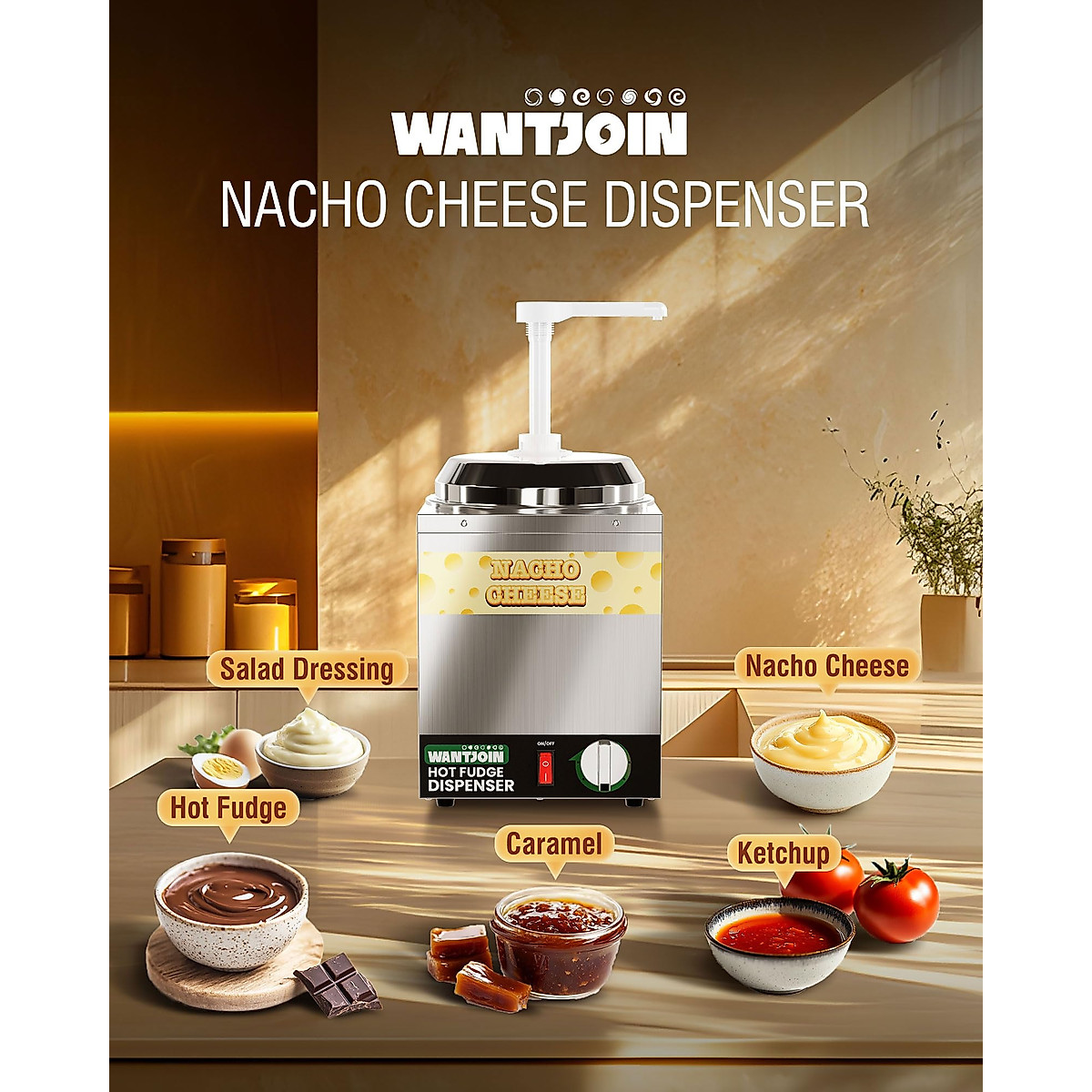 WantJoin Nacho Cheese Dispenser with Pump,2.8Qt Nacho Cheese Warmer,Stainless Steel Hot Fudge Warmer W/5-Level Temperature Adjustment,Commercial Hot Fudge Dispenser for Hot Fudge Cheese Caramel