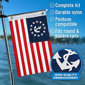 Anchor Boat Flag Pole Kit American Flag US 12" x 18" Small America Flags Set Double Sided Marine Grade Boat Flag Holder 12x18 Pontoon Sailboat or Ski Rail Mount Small American Boat Flags and Burgee