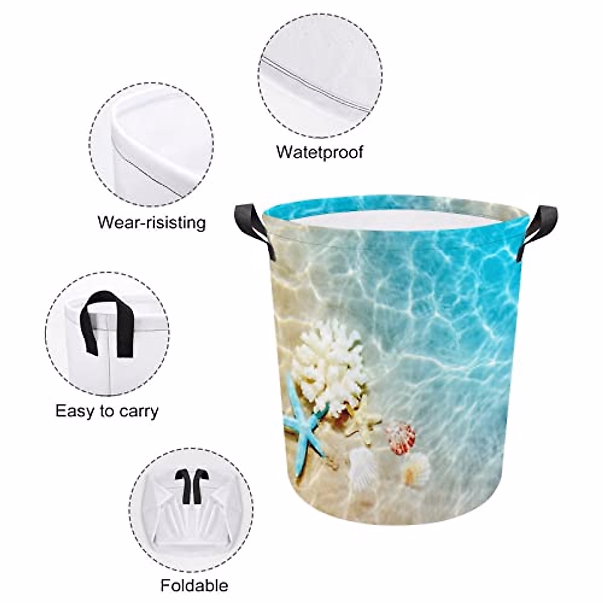 Starfish Coral and Seashell on Beach Foldable Laundry Basket Waterproof Hamper Storage Bin Bag with Handle 16.5"x 16.5"x 17"