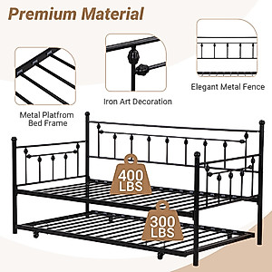 Zevemomo Twin Metal Daybed with Trundle, Black Twin Size Metal Sofa Bed Daybed with Pull Out Trundle Bed for Bedroom Living Guest Room, Heavy-Duty Day Bed No Box Spring Needed, Easy Assembly