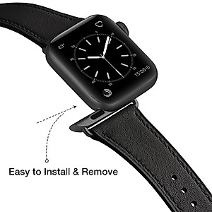 MNBVCXZ Compatible with Apple Watch Band 38mm 40mm 41mm 42mm 44mm 45mm 46mm 49mm Women Men Genuine Leather Replacement Strap for iWatch Series 10 9 8 7 6 5 4 3 2 1 SE Ultra (Black/Black)