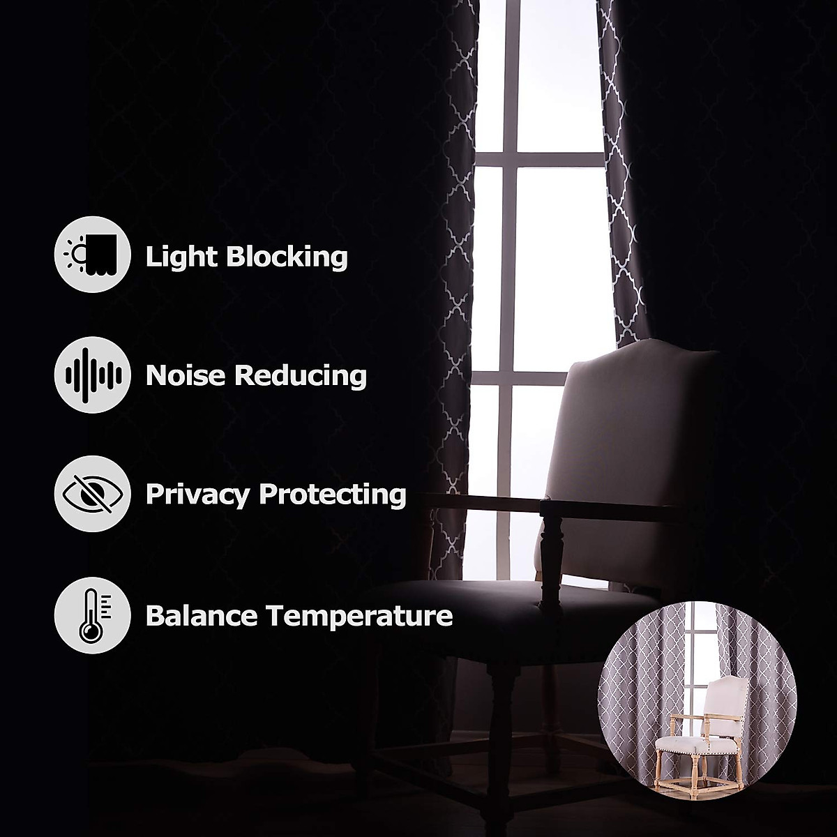 Anjee Grey Blackout Curtains 84 inches Long 2 Panels Sets for Bedroom Living Room Darkening,Grommet Top Window Treatment Drapes with Silver Foil Moroccan Pattern Home Decor, 52 x 84 Inch, Space Grey