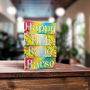 JennyGems Happy Holi Rang Barse Wooden Block Signs, Holi Decorations Party Supplies, Festival of Colors, Set of 4