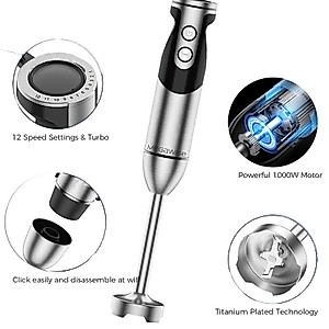 MegaWise Pro Titanium Reinforced 3-in-1 Immersion Hand Blender, Powerful with 80% Sharper Blades, 12-Speed Corded Blender, IncludingWhisk and Milk Frother (Black Or Red)