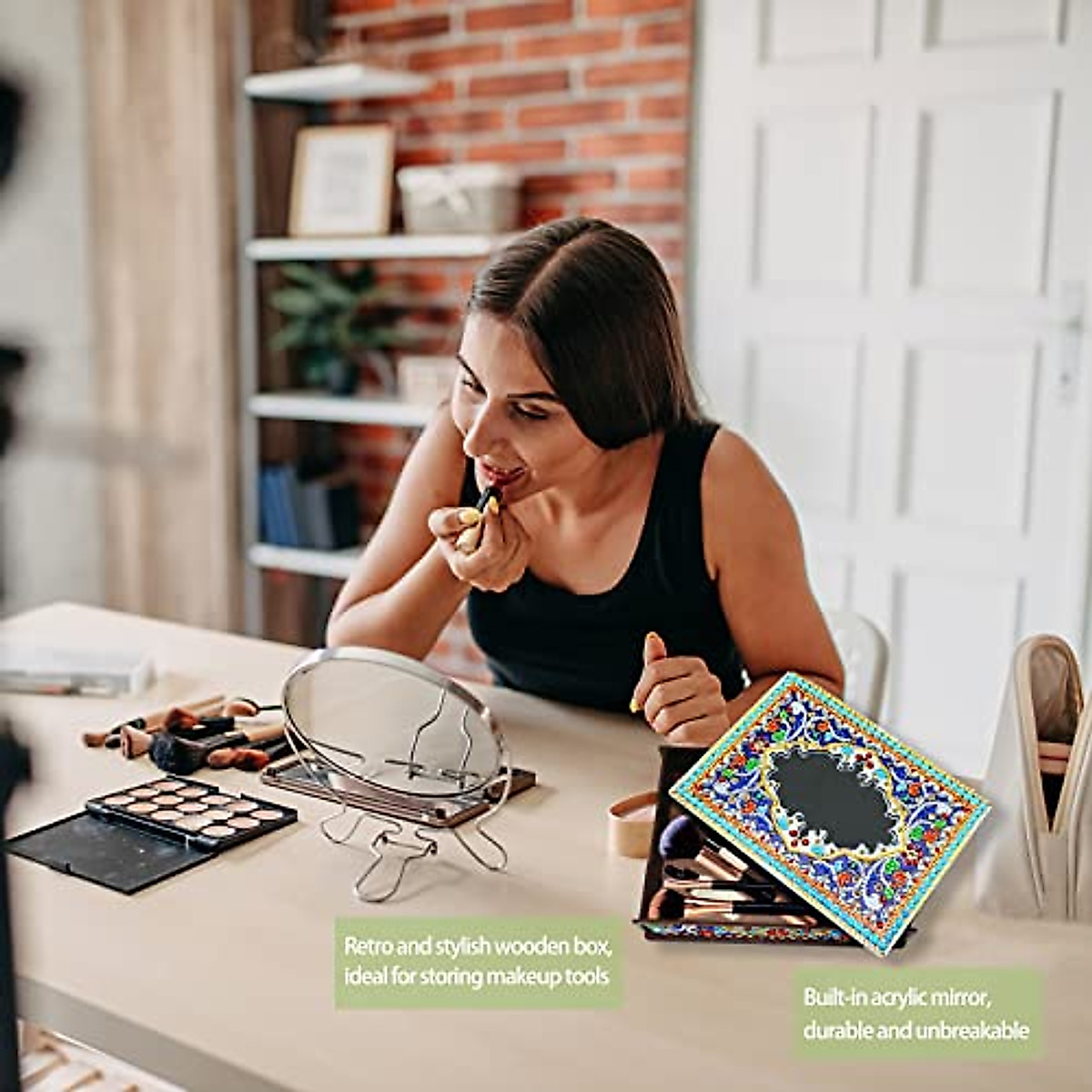 Diamond Art Wooden Box with Mirror Kit 5D DIY Mandala Diamond Painting Decorative Boxes Small Retro Remote Storage Box Jewelry Trinket Stash Gem Mosaic Arts Crafts for Women Dresser Desktop Decor