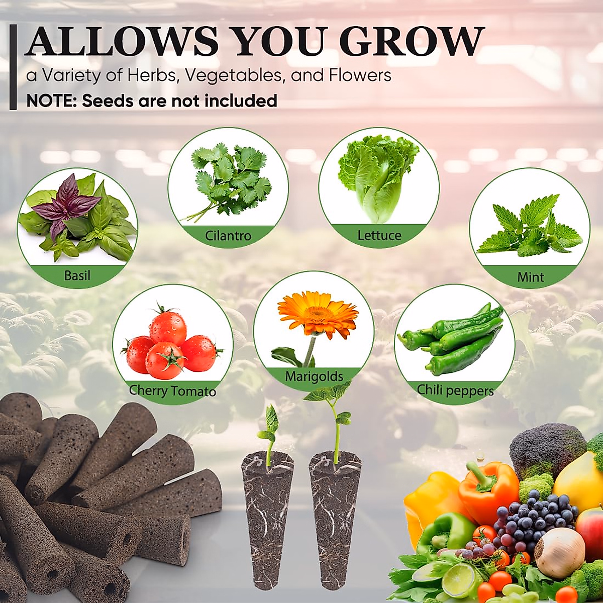 Hydroponics Supply Seed Pods Kit for Growing System, Seed Starter Pods for Indoor Garden, 50pcs Grow Sponges for AeroGarden, 15 Baskets, A&B Hydroponic Nutrients, Work with Idoo and Other Hydroponics